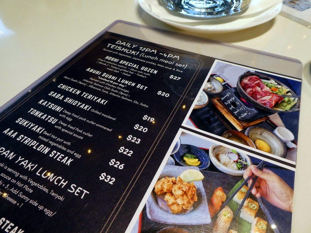 Menu at Hoshi Japanese Cuisine restaurant, Vancouver