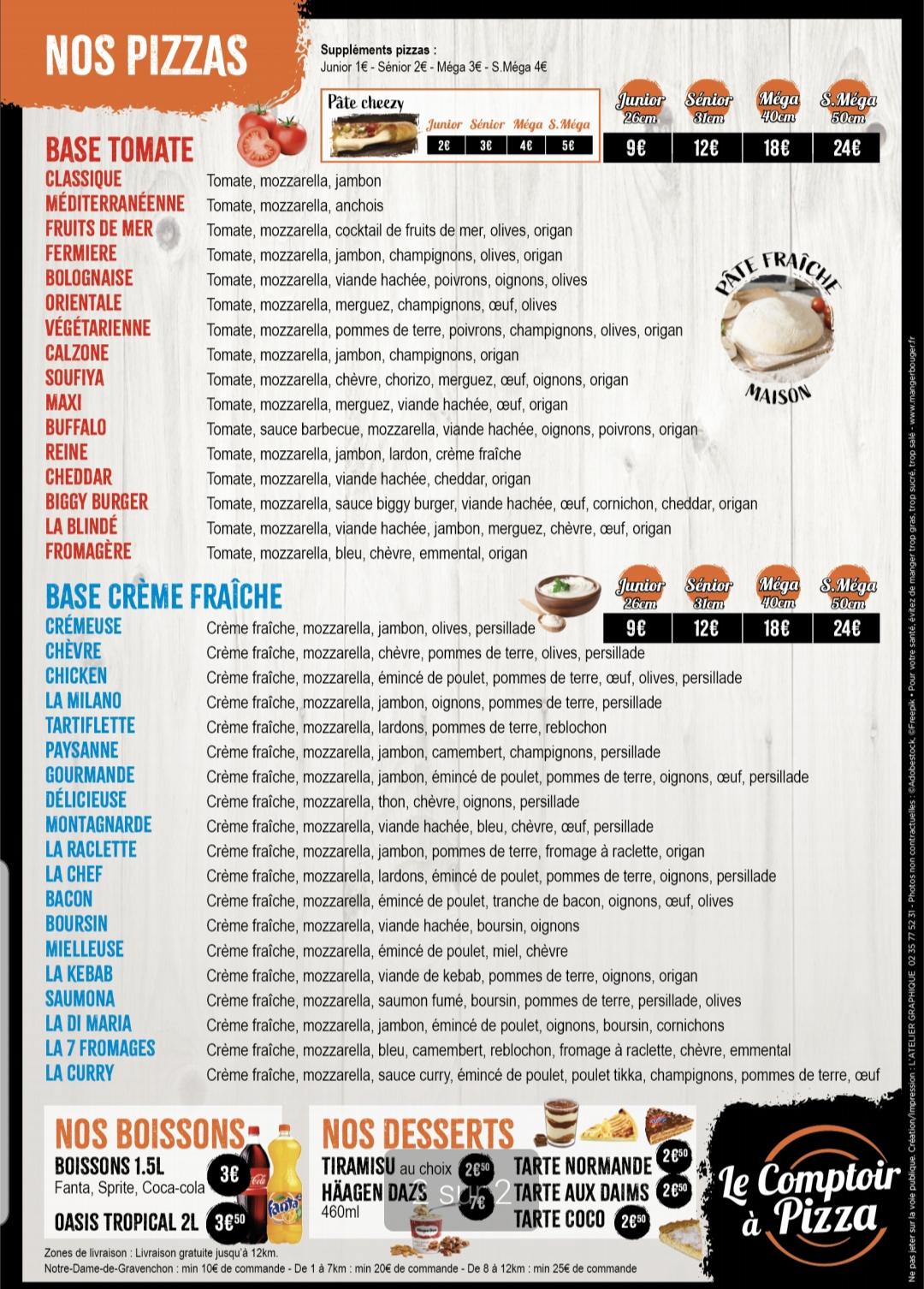 Menu au Le Comptoir à pizza restaurant, Notre-Dame-de-Gravenchon