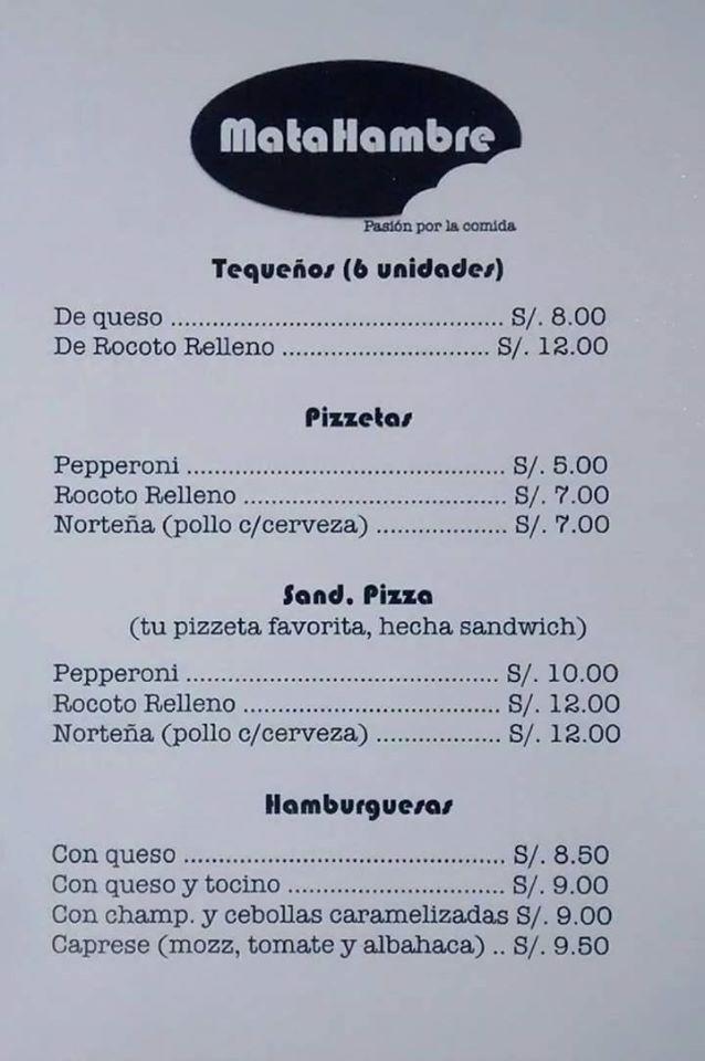 Menu at MataHambre pizzeria, Barranco District