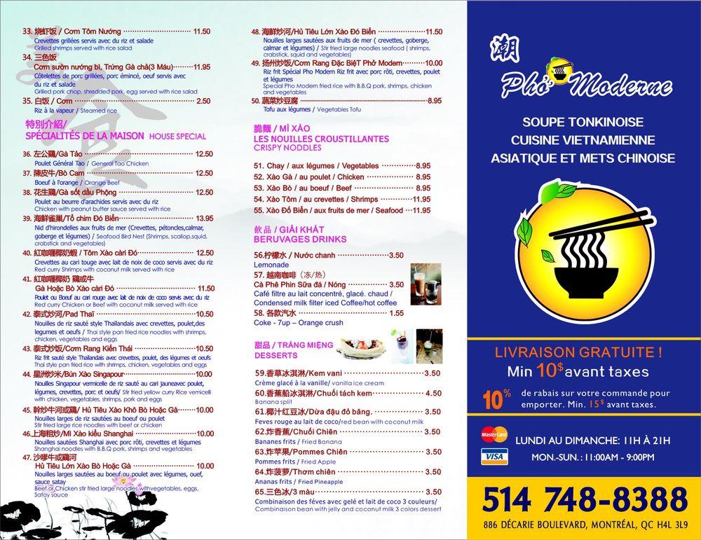Menu at Pho Moderne restaurant, Montreal