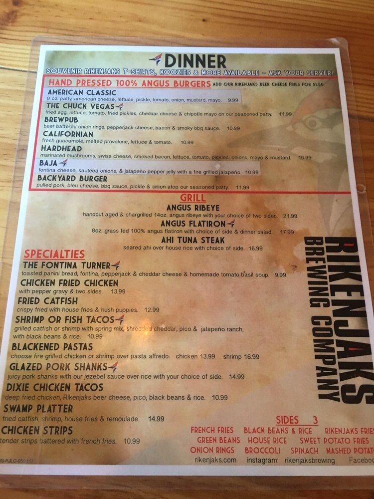 Menu at Rikenjaks Brewing Company restaurant, Lake Charles