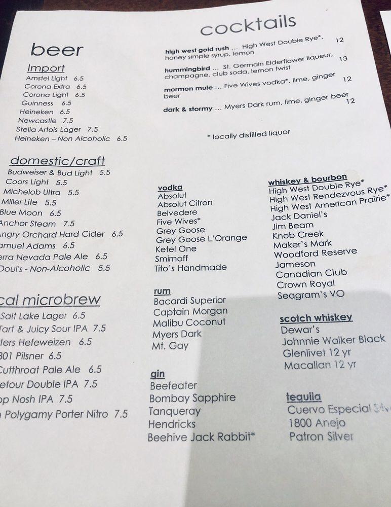 Menu at Salt Stone restaurant, Salt Lake City