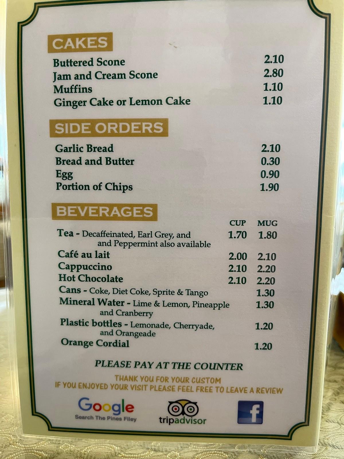 Menu at The Pines Coffee Lounge & Diner restaurant, Filey