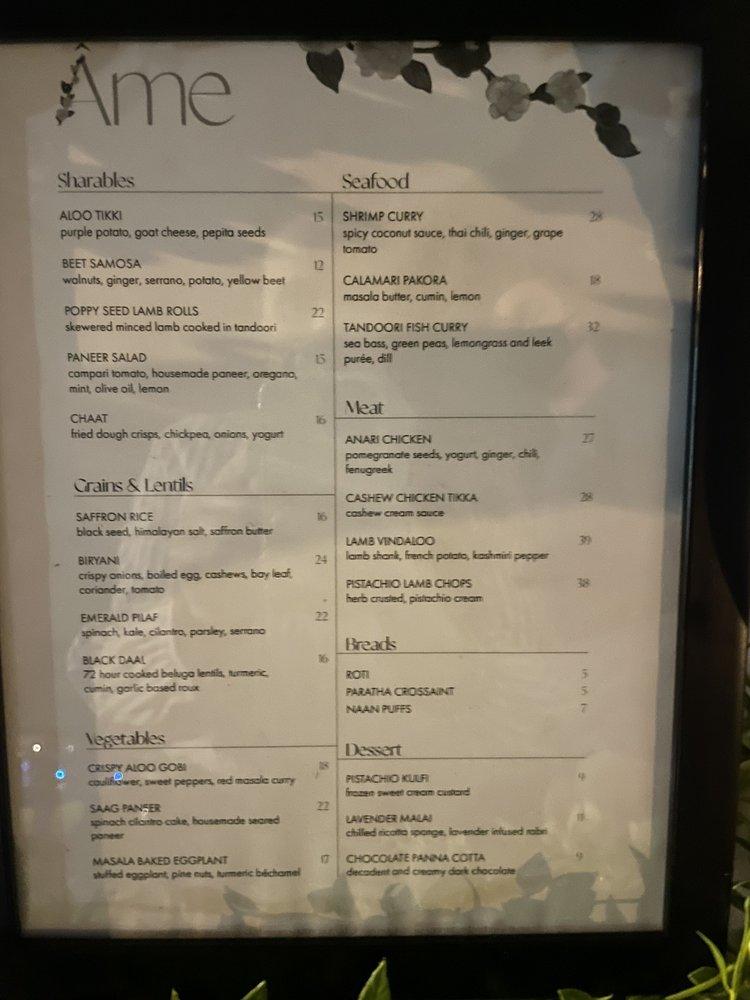 Menu at Ame restaurant, Dallas, 418 N Bishop Ave