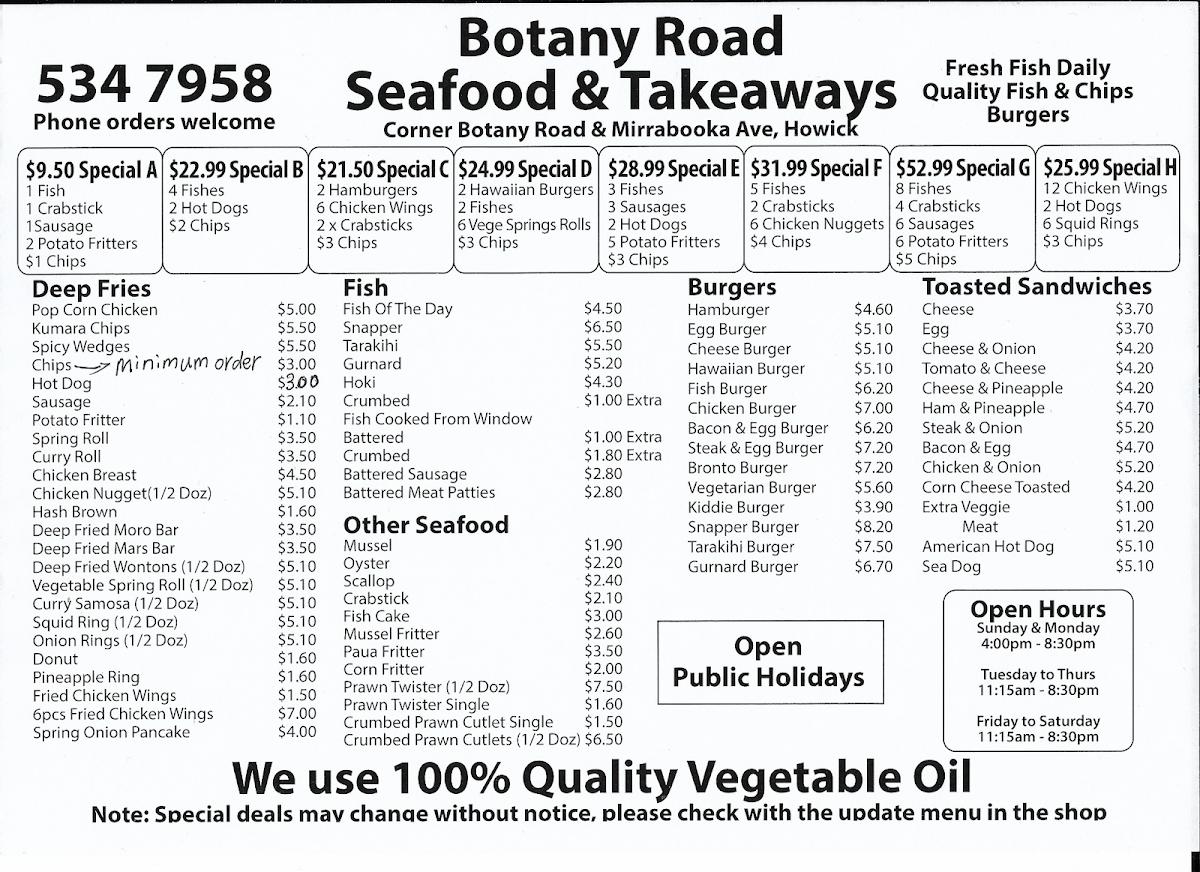 Menu at Botany Rd Seafoods fast food, Auckland