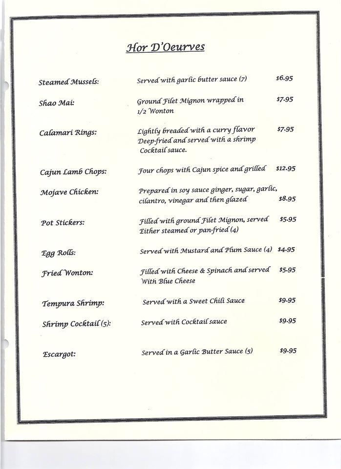 Menu at Chateau Chang steakhouse, Victorville