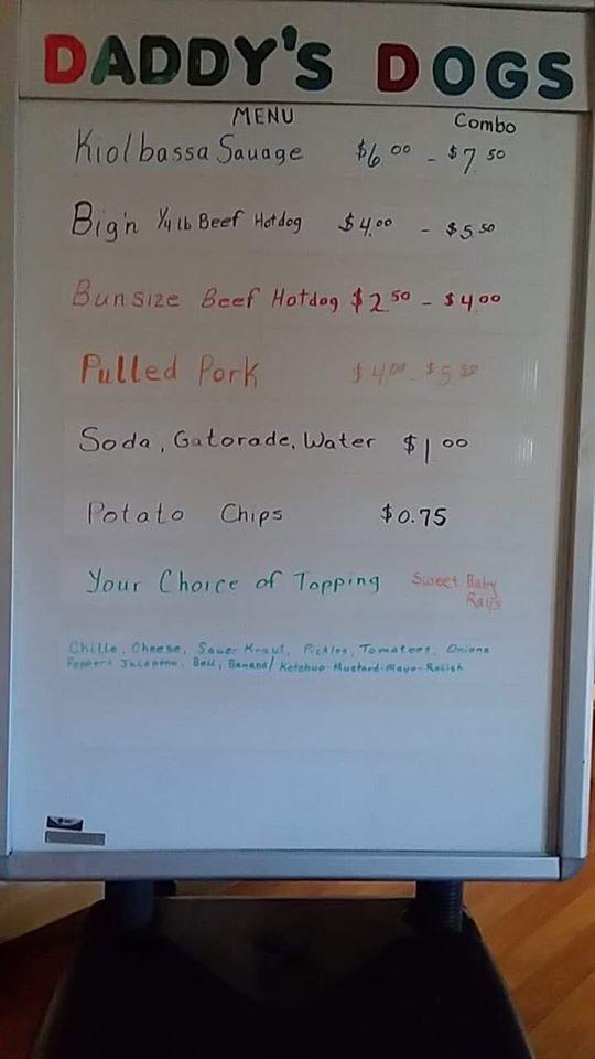 Menu at Daddy’s Dogs, Bargersville