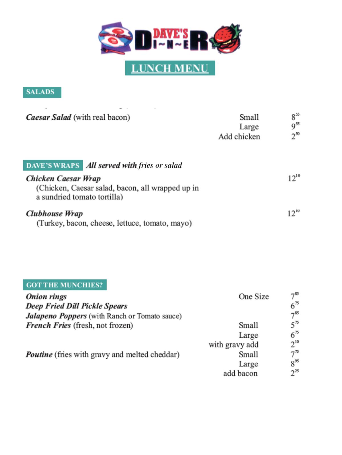 Menu at Dave's Diner restaurant, Sebringville, 188 Huron Rd