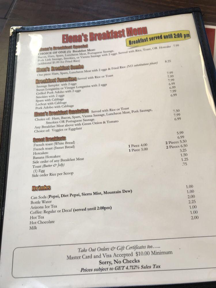 Menu at Elena's Restaurant, Waipahu, Tropicana Square Shopping Center