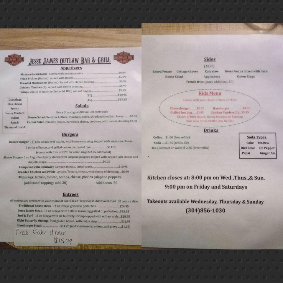 Carta de Jesse James Outlaw Bar & Grill, Capon Bridge