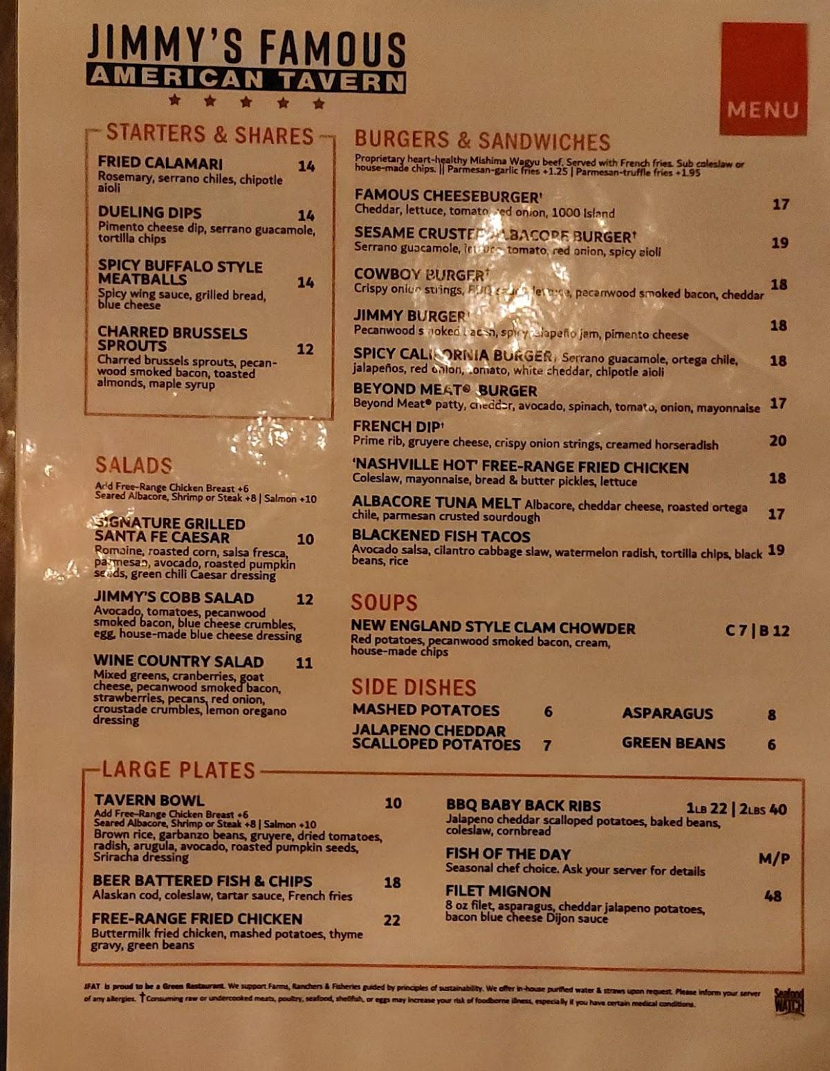 Menu at Jimmy's Famous American Tavern restaurant, San Diego