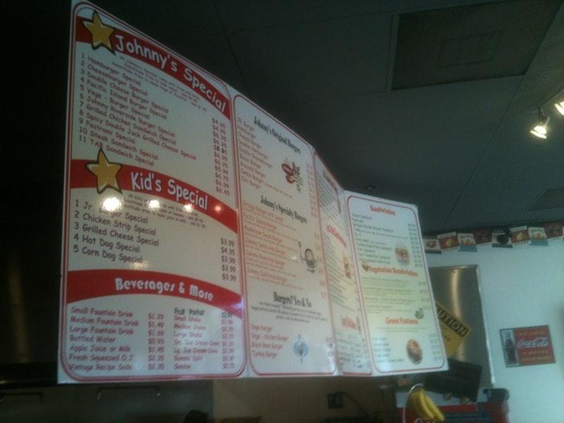 Menu at Johnny's Burgers restaurant, Riverside, Riverside Plaza Dr