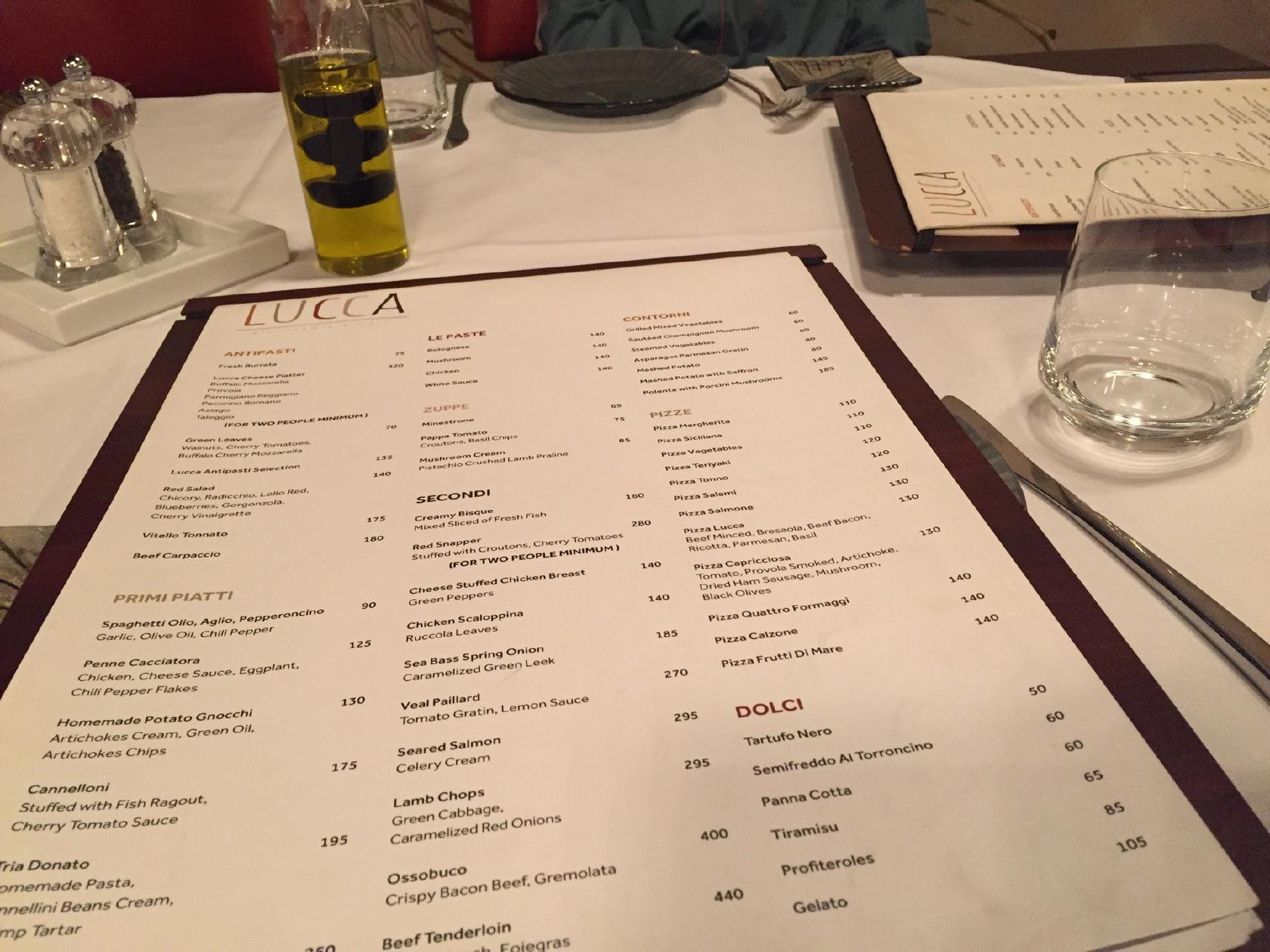 Menu at Lucca Italian Restaurant, New Cairo City