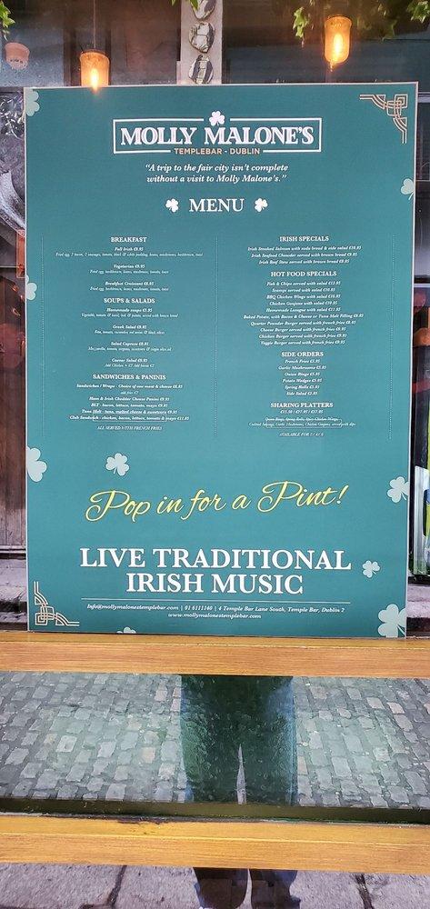 Menu at Molly Malones Temple Bar, Dublin