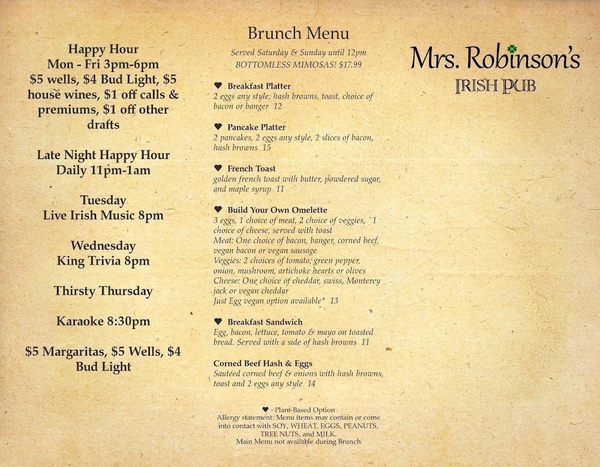 Menu at Mrs Robinson's Irish Pub, Burbank