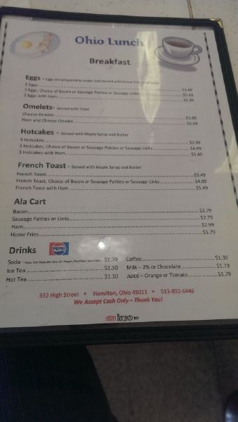 Menu at Ohio Lunch restaurant, Hamilton, 332 High St