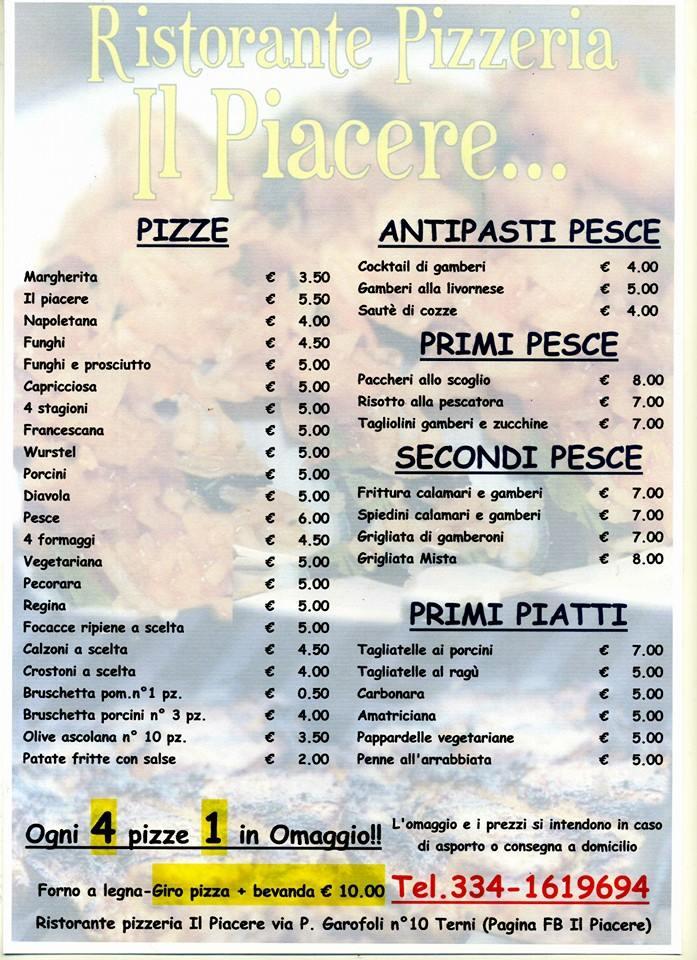 Menu da Il Piacere ristorante, Terni