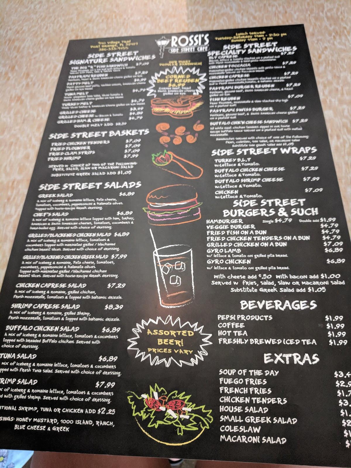 Carta de Rossi's Side Street Cafe, Port Orange, 910 Village Trail