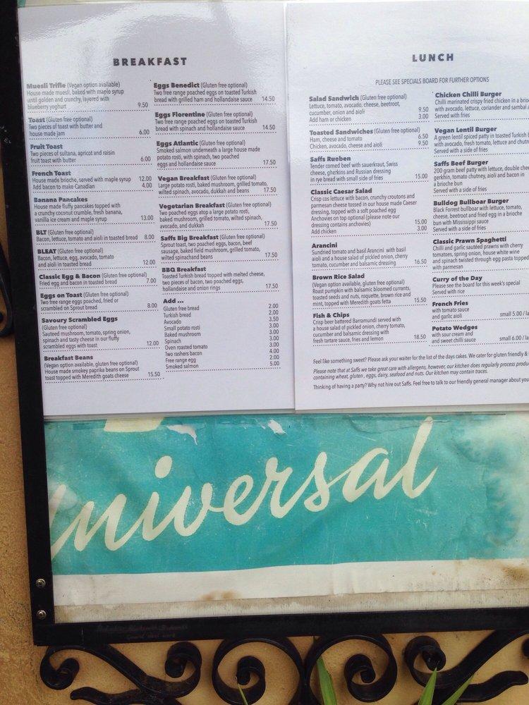 Menu at Saffs Cafe, Castlemaine