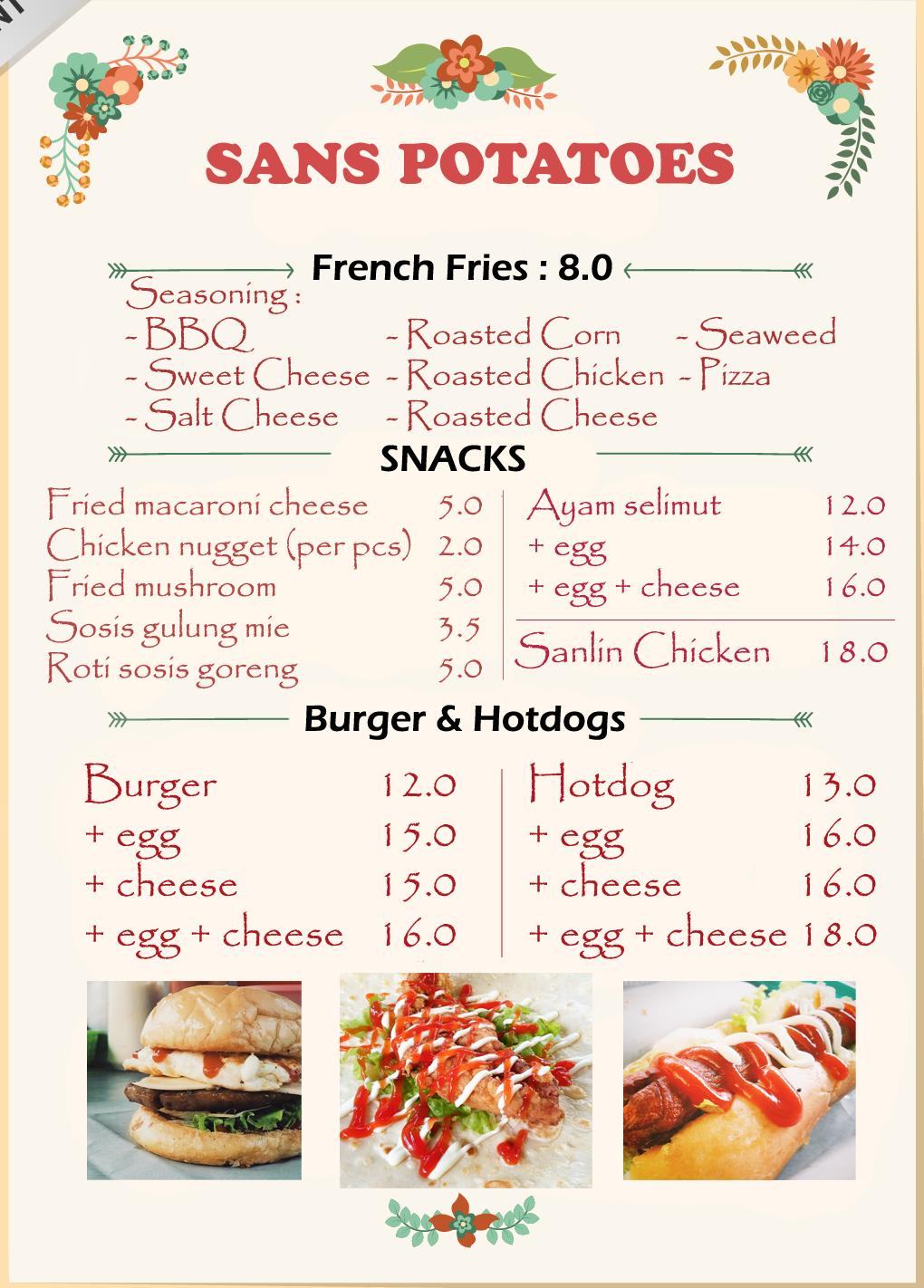 Menu at Sans Potato restaurant, North Jakarta