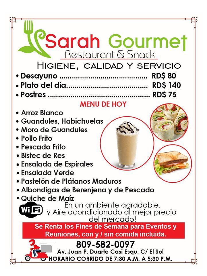 Menu at Sarah Gourmet restaurant, Santiago De Los Caballeros