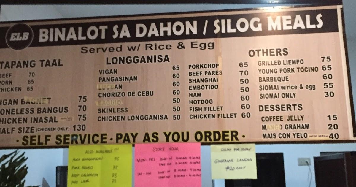 Menu at ELB's Binalot sa Dahon restaurant, Biñan
