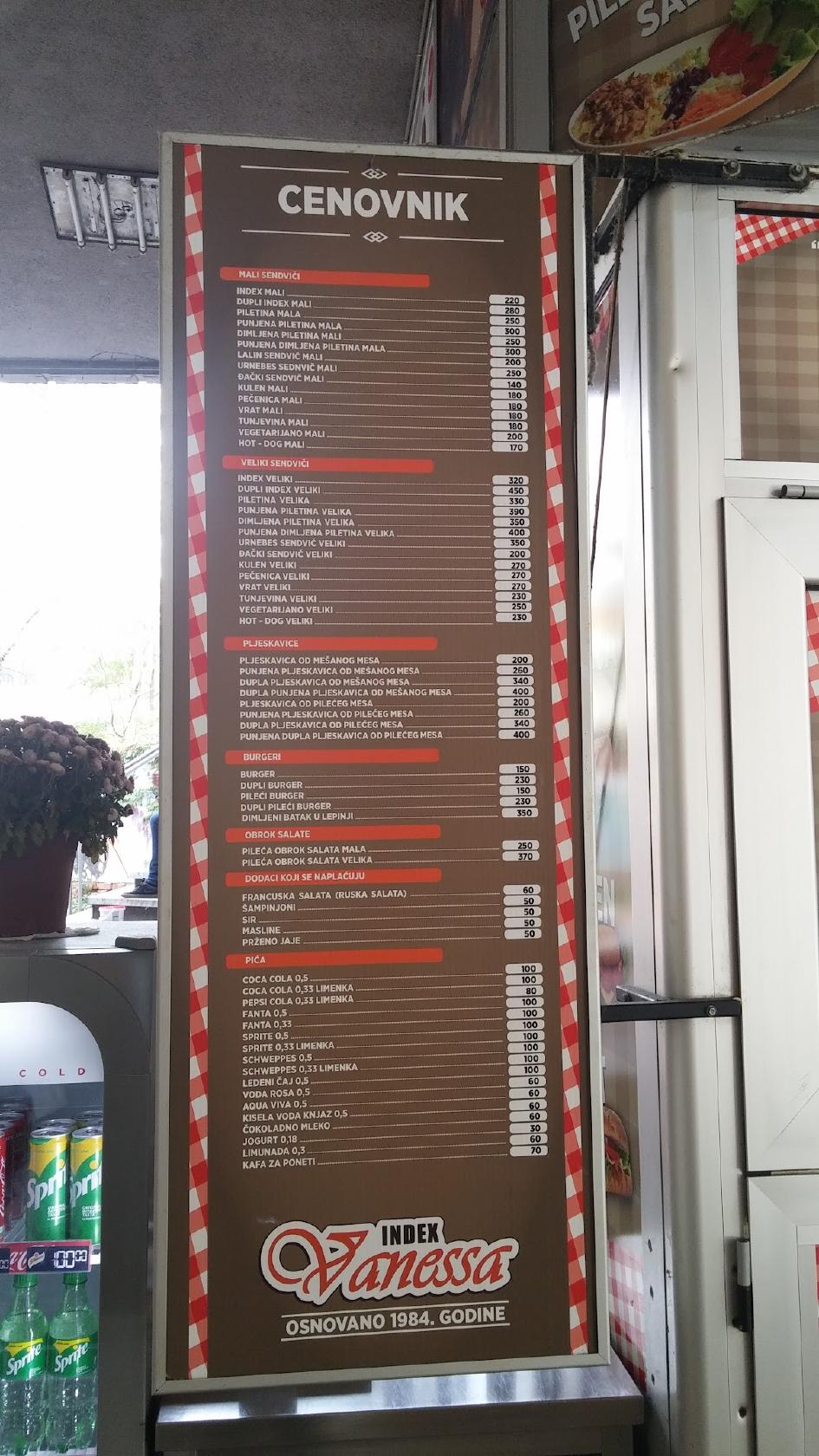 Menu at Index Vanessa restaurant, Novi Sad, Braće Popović 8а