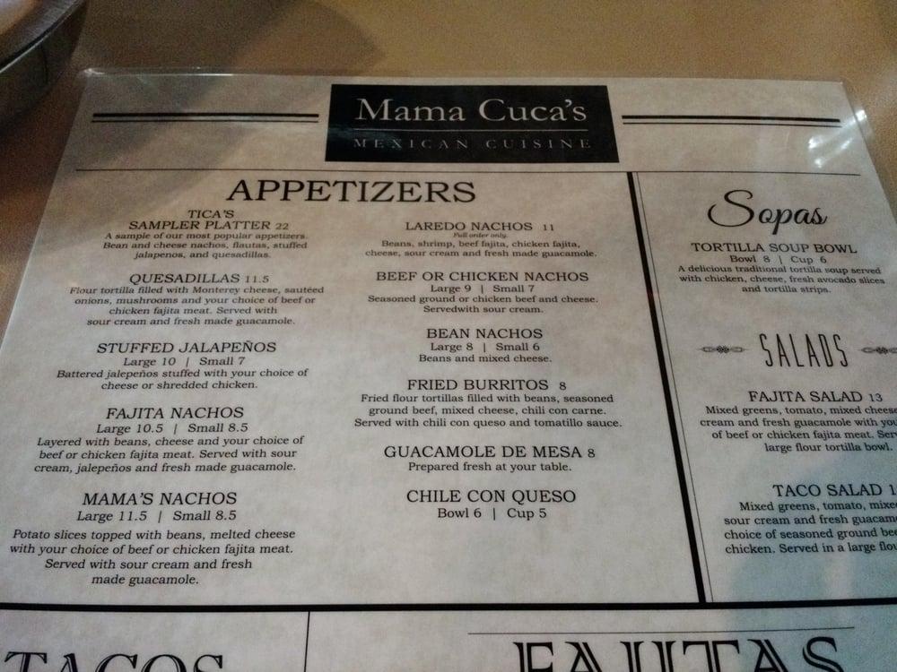 Menu at Mama Cuca's Mexican Cuisine restaurant, Mansfield