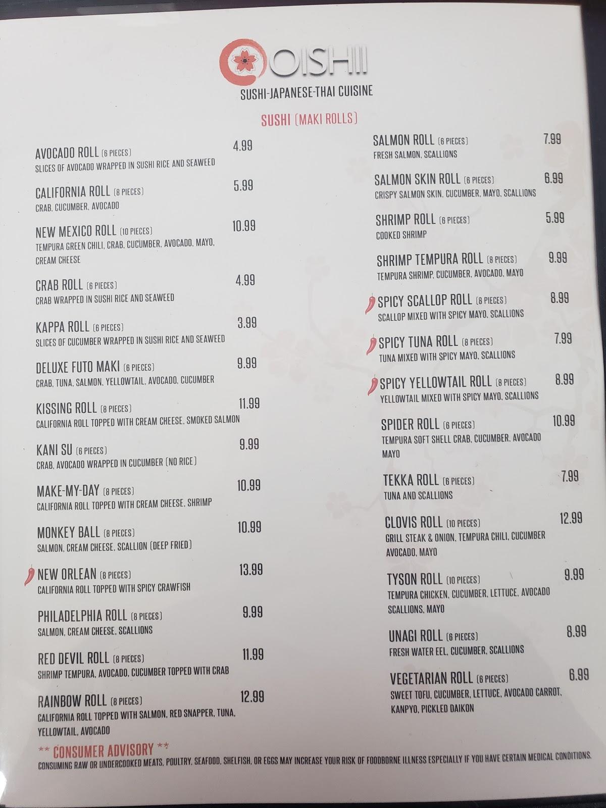 Menu at Oishii Japanese Thai Restaurant, Clovis
