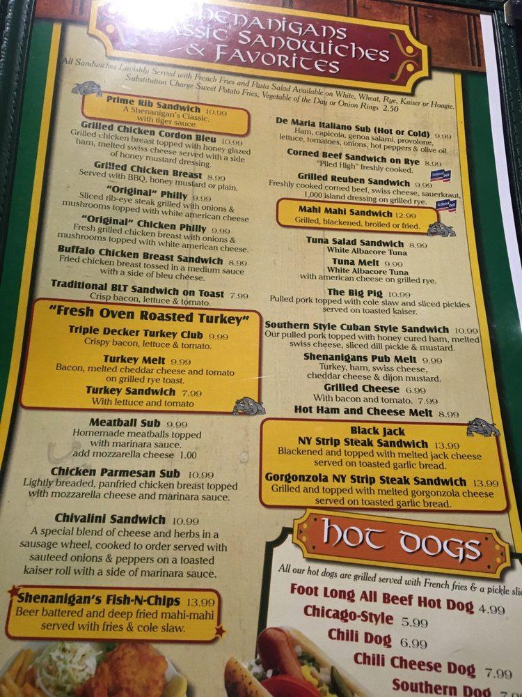 Menu at Shenanigans Sports Pub, Hollywood