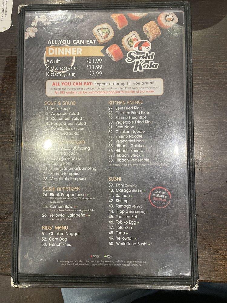 Menu at Sushi Kola restaurant, Fredericksburg