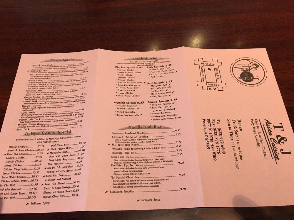 Menu at T & J Asian Cuisine pub & bar, Peoria