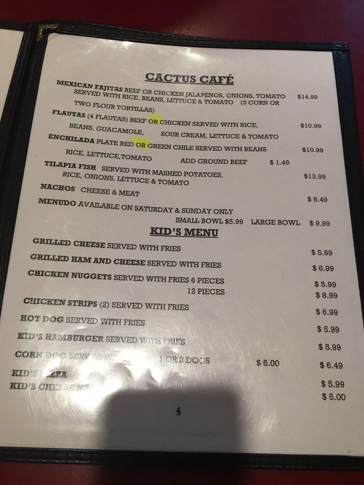 Menu at Cactus Cafe, Whites City, 26 Carlsbad Cavern Hwy