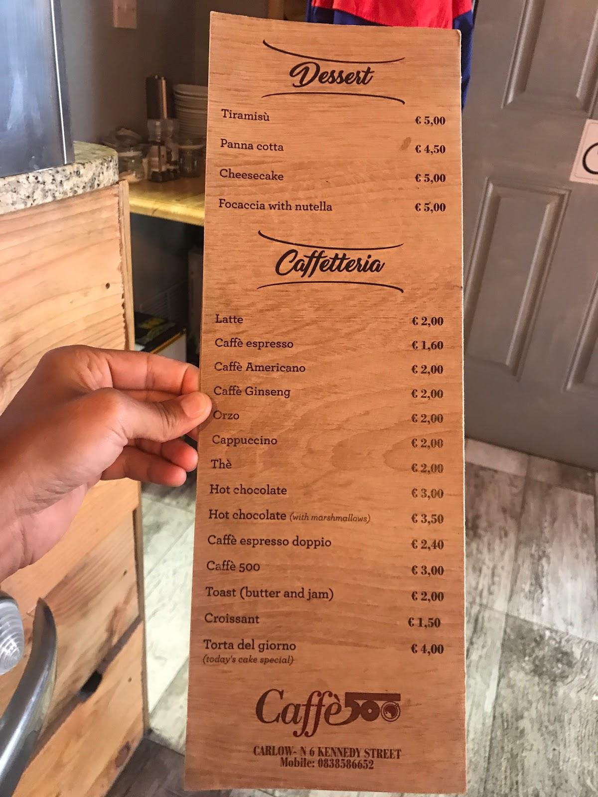 Menu at Caffé 500 restaurant, Carlow