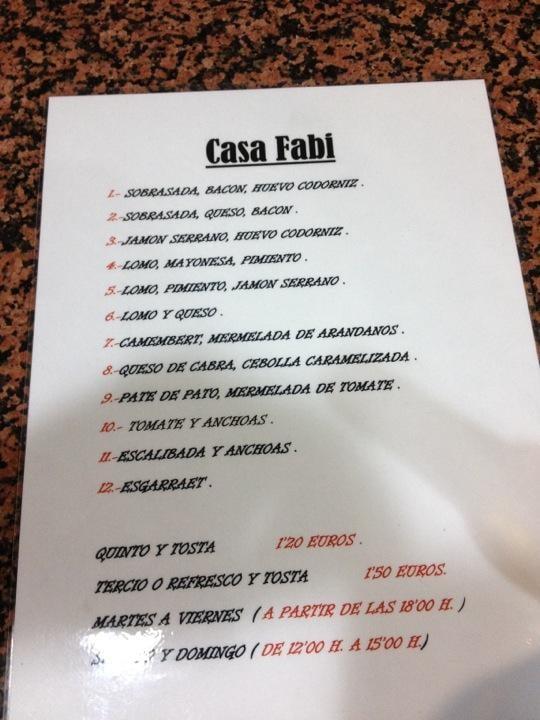Menu at Casa Fabi cafeteria, Quart de Poblet