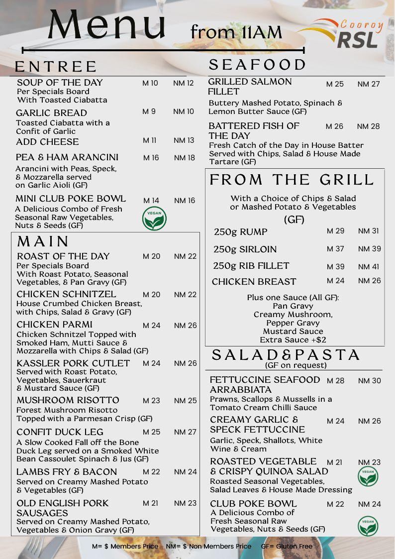 Menu at Cooroy RSL club, Cooroy