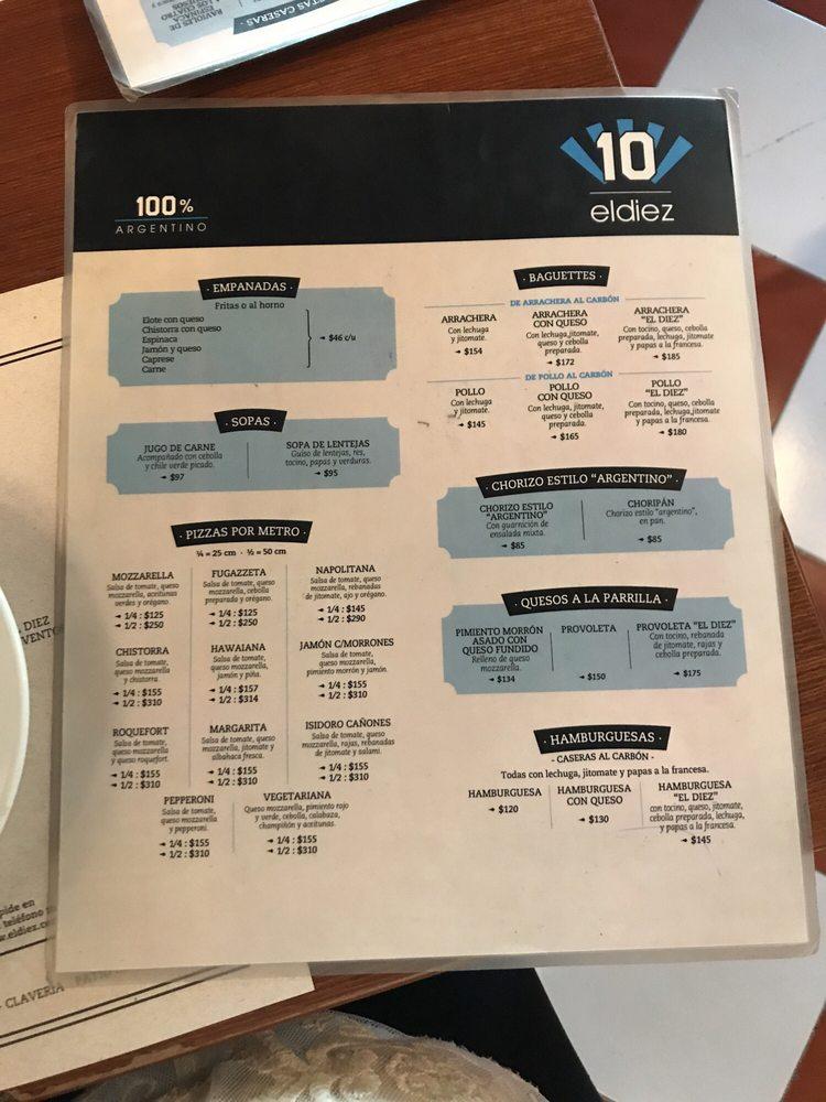 Carta de pizzería El Diez, Ciudad de México, Avenida Alvaro Obregon 112 ...
