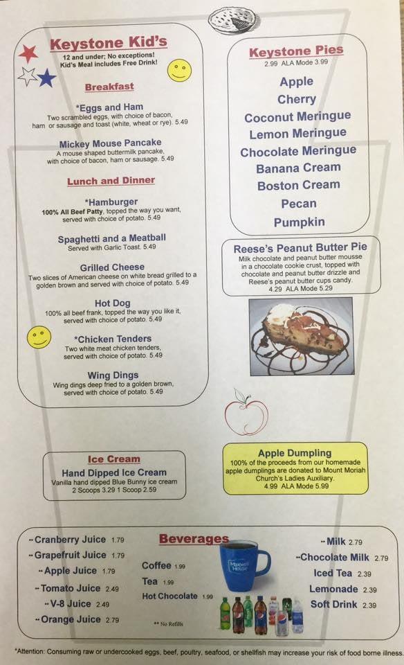 Menu at Keystone Restaurant, USA