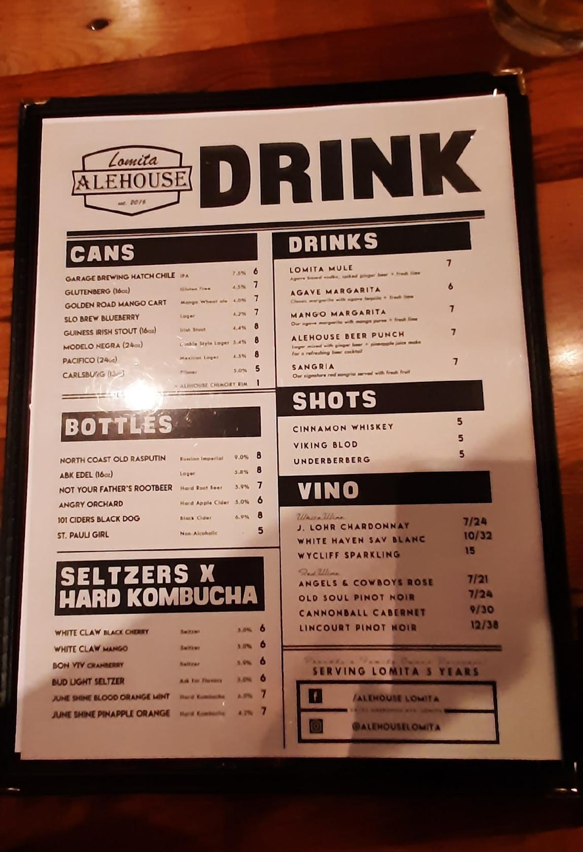 Menu at Lomita Alehouse pub & bar, Lomita