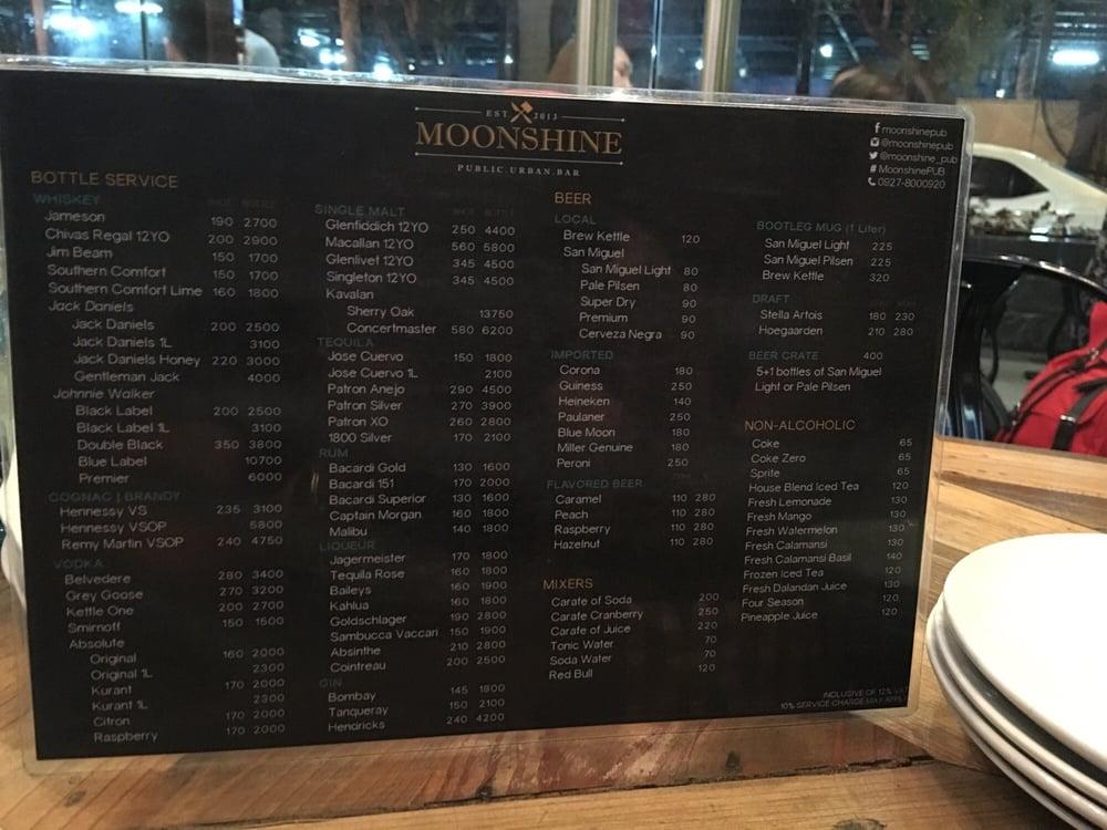 Menu at Moonshine pub & bar, Pasig
