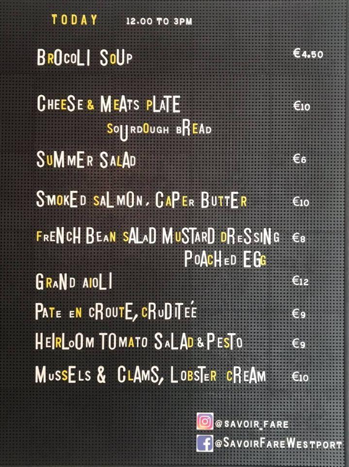 Menu at Savoir Fare cafe, Westport