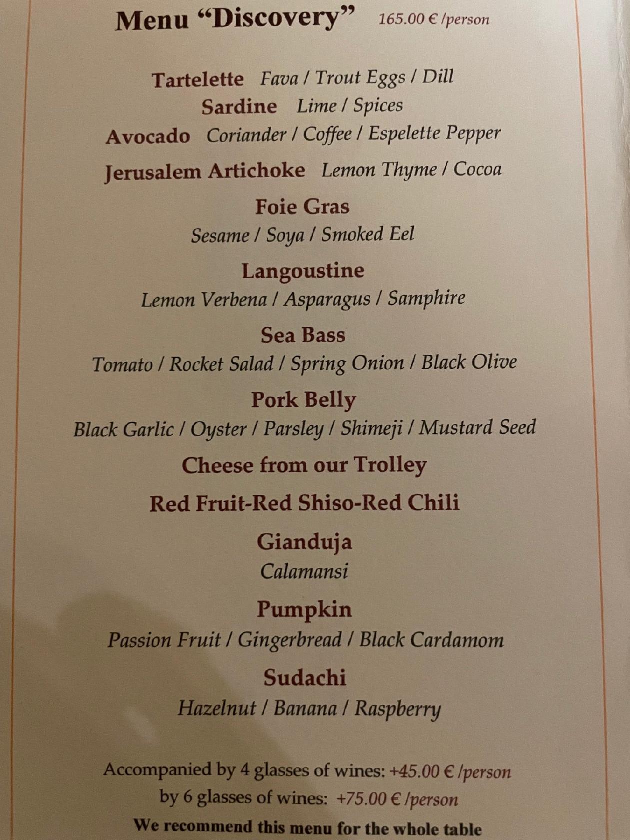 Menu at Spondi Restaurant, Athens, Pirronos 5