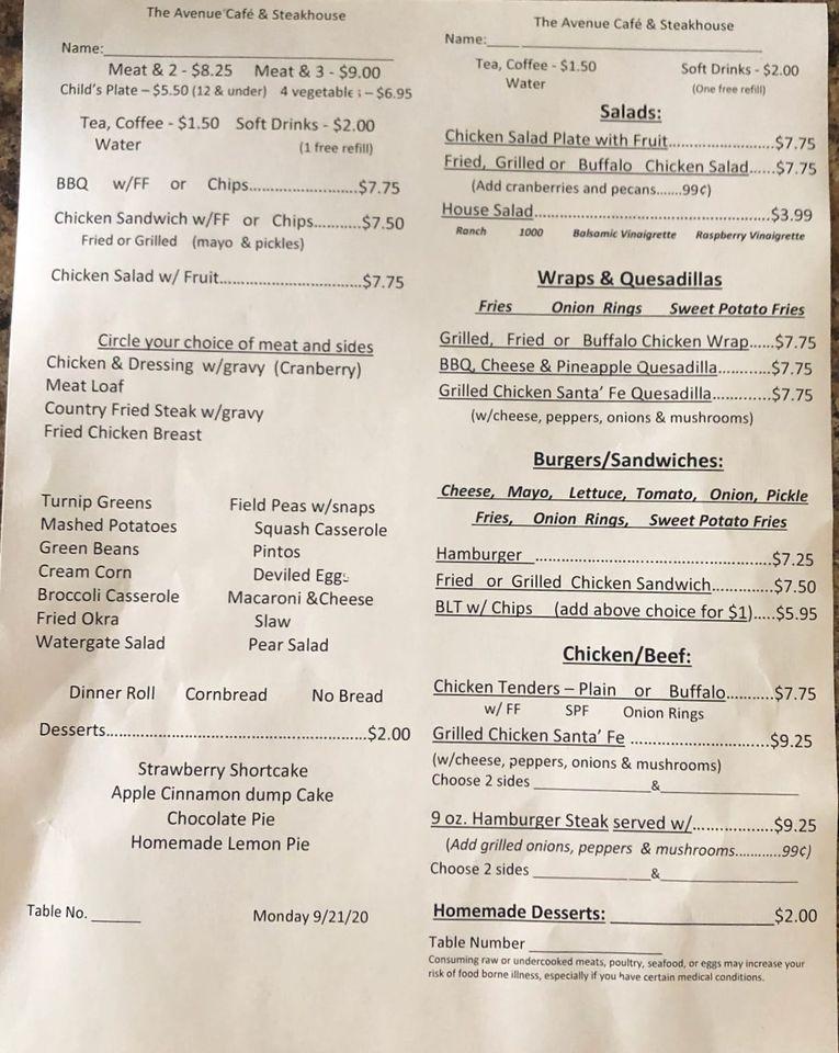 Menu at The Avenue Home Cooking Café steakhouse, Cedartown