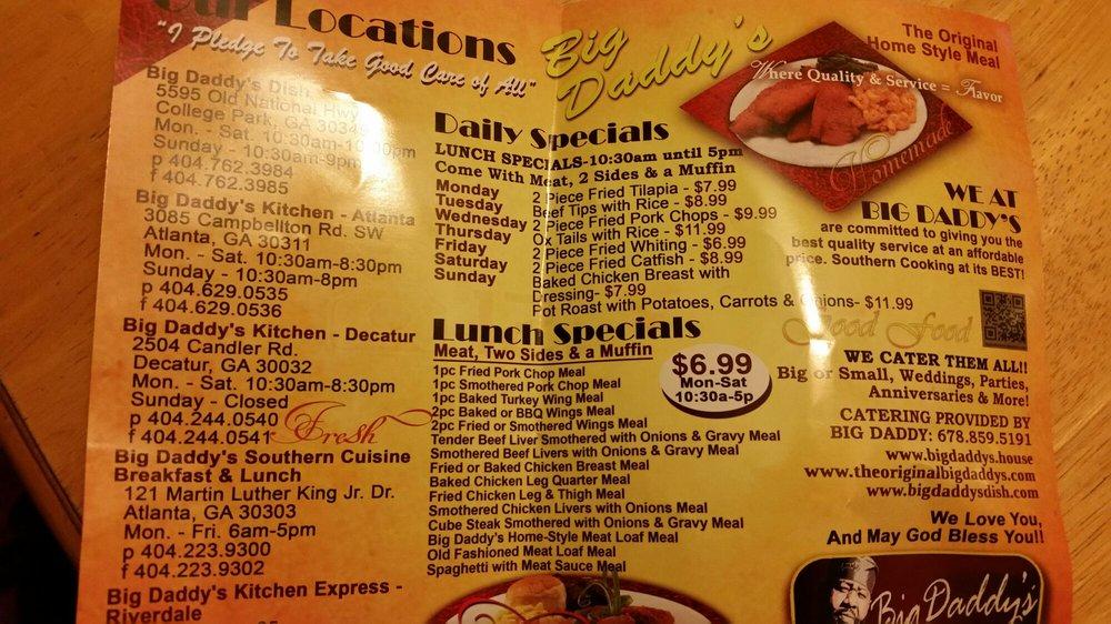 Menu at The Original Big Daddy's Dish restaurant, Atlanta, Old National Hwy