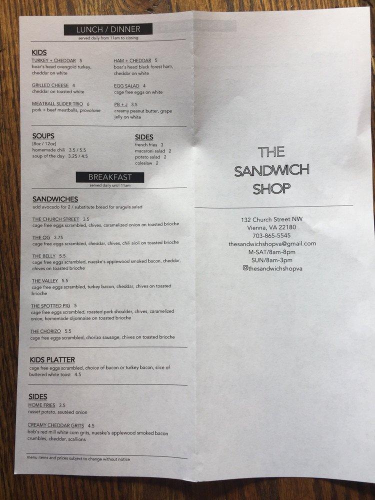 Menu at The Sandwich Shop cafe, Vienna