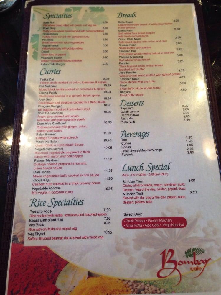 Menu at Bombay Caf restaurant, Orlando