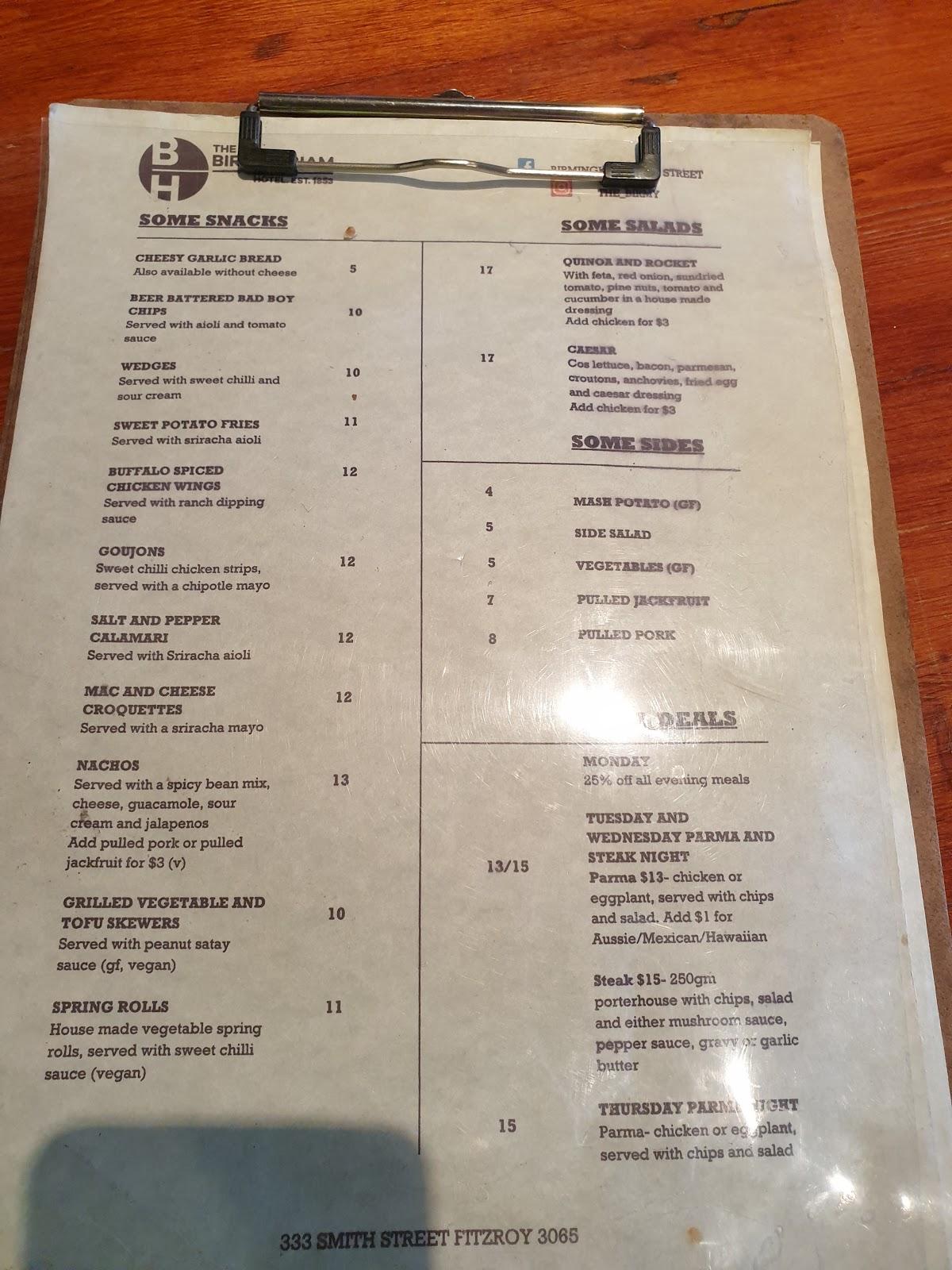 Menu at The Birmingham Hotel pub & bar, Fitzroy