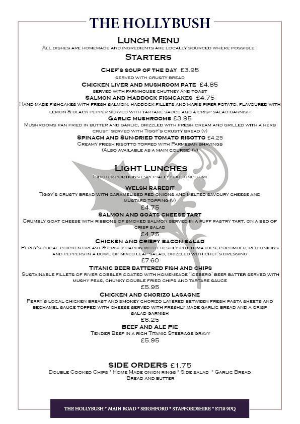 Menu at The Hollybush pub & bar, England, 22 Holly Mount