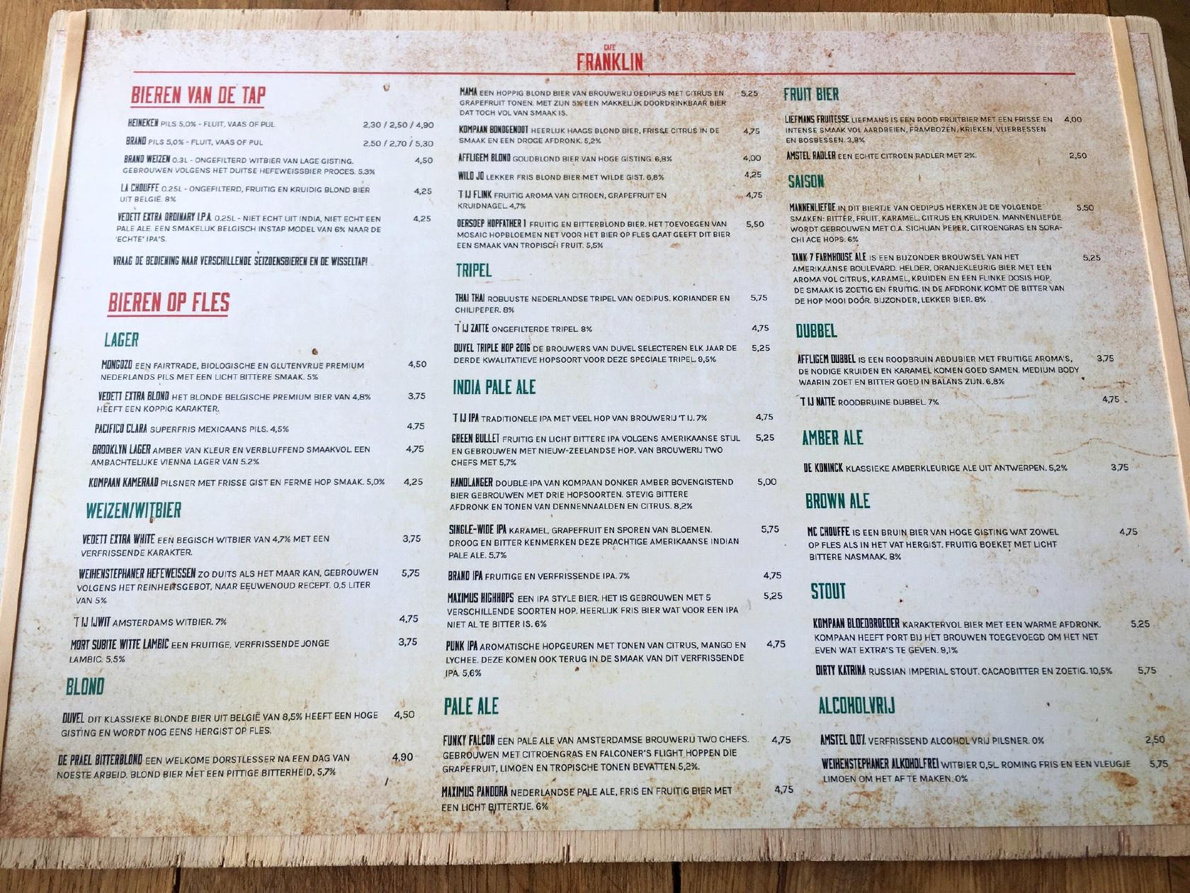 Menu at Cafe Franklin, The Hague