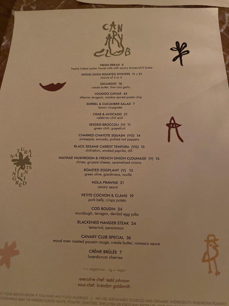 Menu at Canary Club, New York City